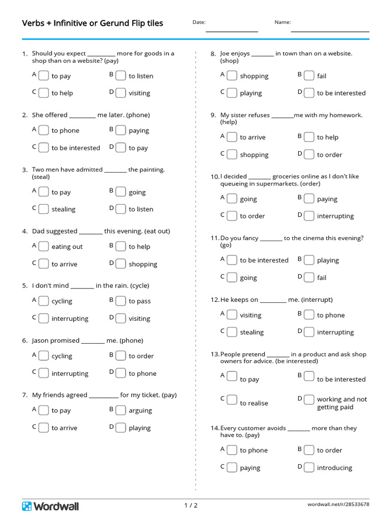 Verbs Infinitive or Gerund Flip Tiles Quiz | PDF | Syntax | Linguistic Morphology