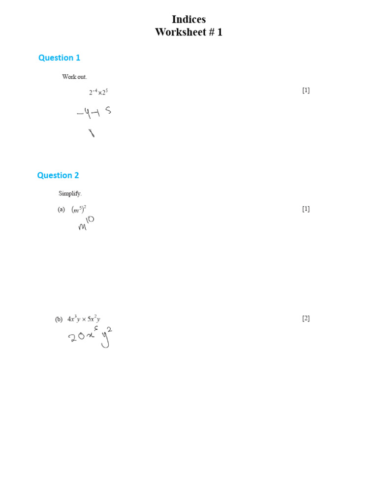 Indices Worksheet # 1: Work Out. (1) 2 2 | PDF