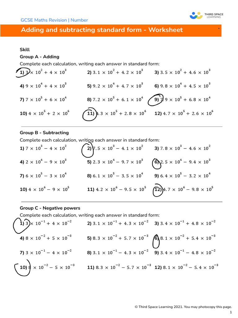 Adding and Subtracting Standard Form - Worksheet: Skill Group A ...