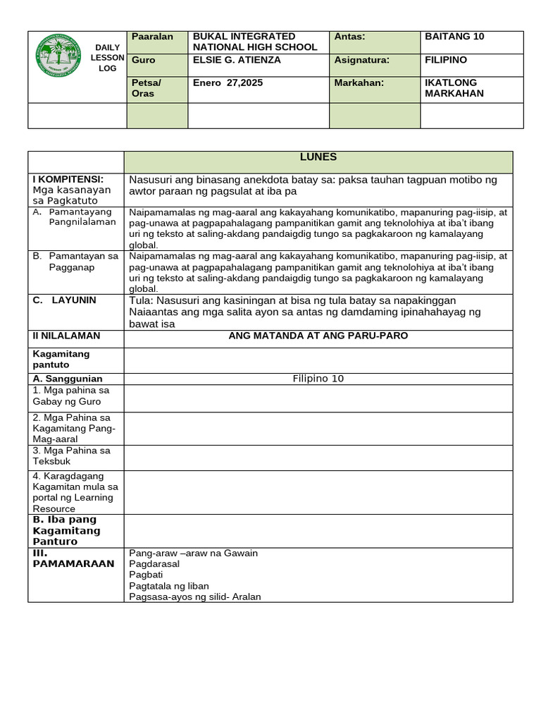 1.FIL.8-Mar.27-28,2023 ANG MATANDA AT ANG PARUPARO | PDF