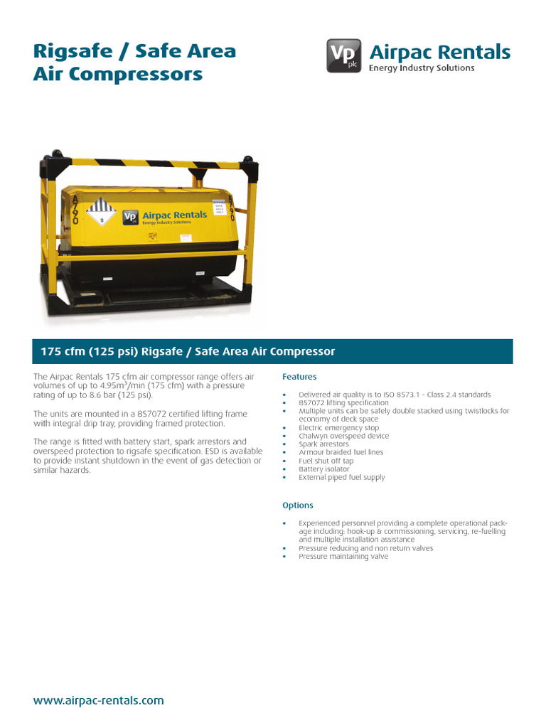 Air Compressor Rigsafe 175 CFM 125 Psi Datasheet | PDF | Gas Technologies | Energy Technology