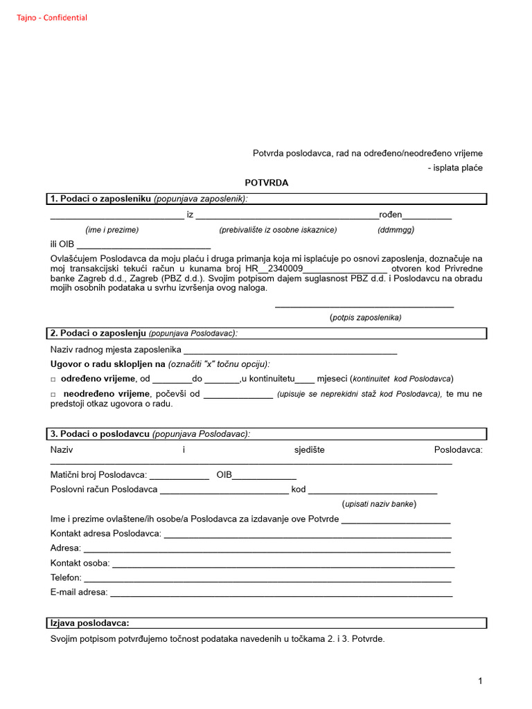 POTVRDA POSLODAVCA Odobrenje Prekoračenja Određeno Neodređeno | PDF