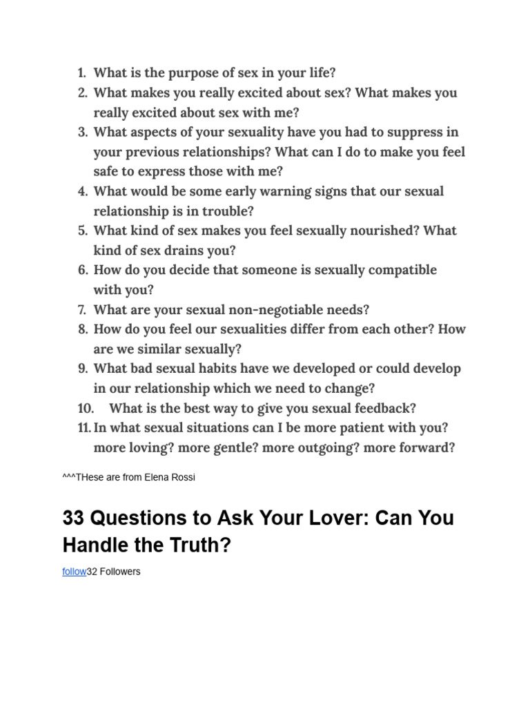 33 Questions To Ask Your Lover - Can You Handle The Truth | PDF | Psychology | Psychological ...