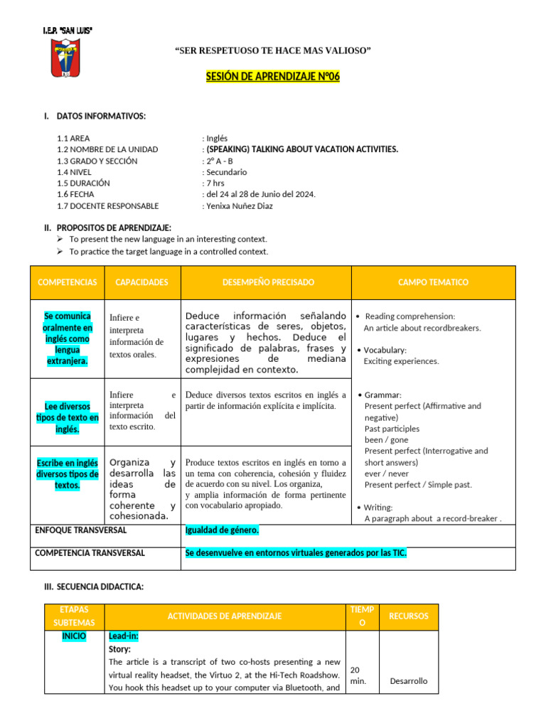 Sesion de Aprendizaje 06 Bim Ii Segundo Sec Inglés 2024 | PDF | Cognición | Evaluación educativa ...