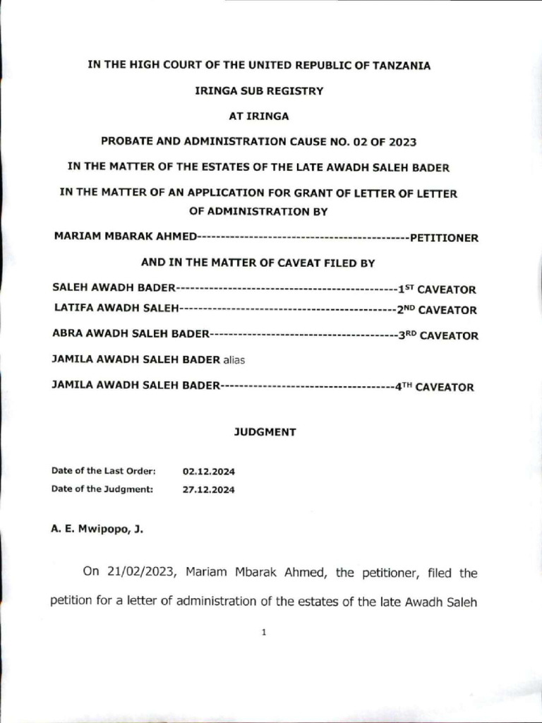 Mariam Mbarak Ahmed VS Saleh Awadh Bader 3 Others 2024 TZHC 11058 (27 ...