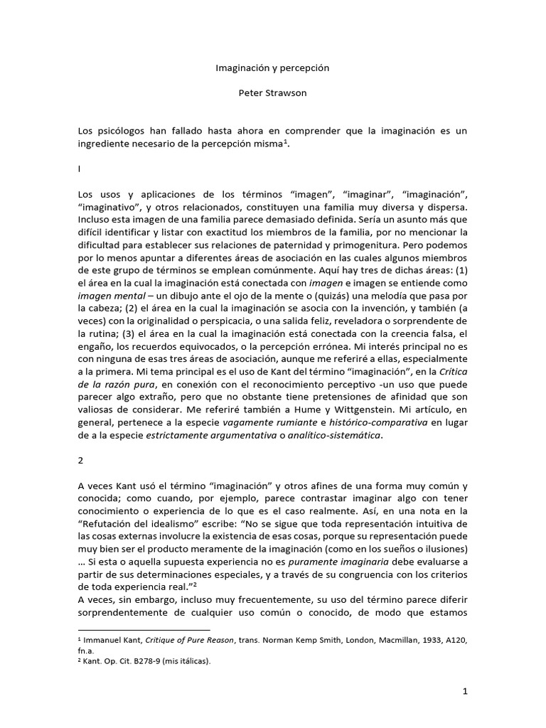 Imaginación y Percepción P Strawson | PDF | Experiencia | David Hume
