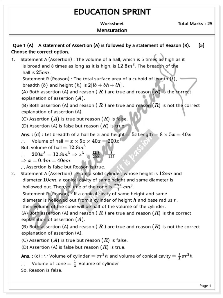 Mensuration Worksheet _solution | PDF | Area | Sphere