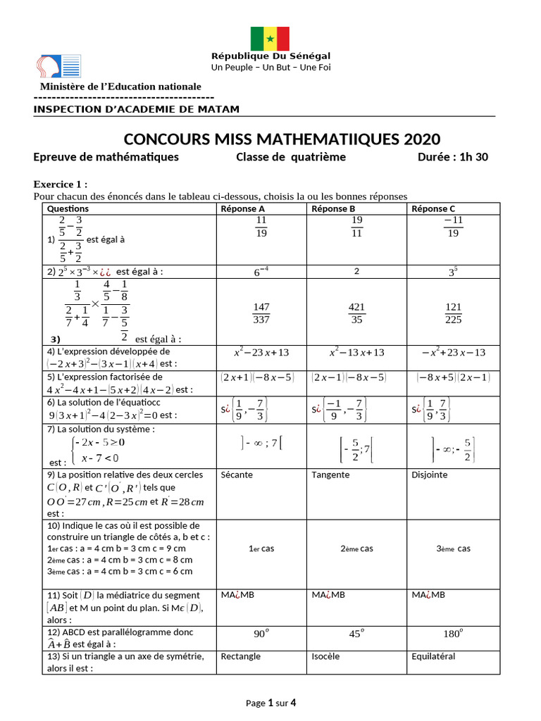 Sujet Miss Maths 2020 | PDF