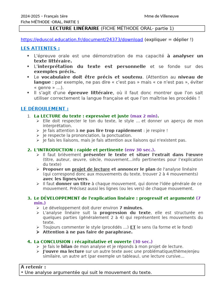 Lecture linéaire : méthode orale 1ère | PDF | Langue française