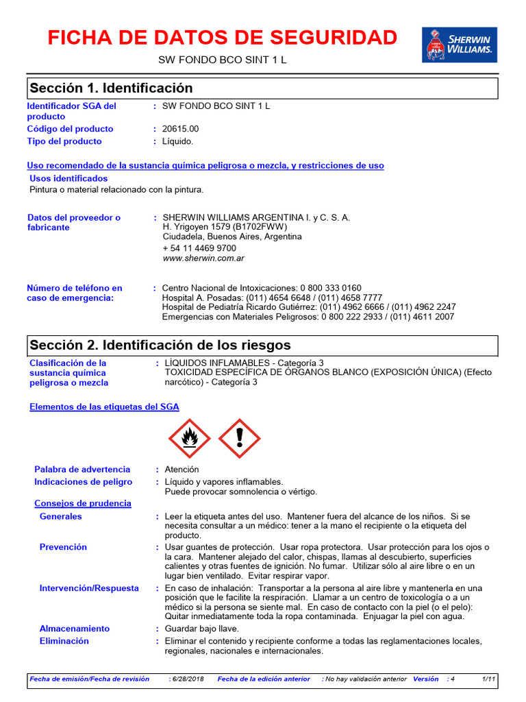 Ficha de Seguridad Fondo Sherwin Williams SA | PDF | Ventilación ...