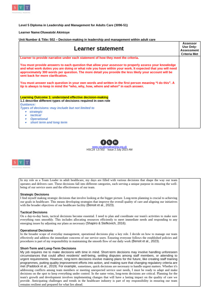 502 Learner Statement With Guidance Oluwatobi-1 | PDF | Decision Making | Risk