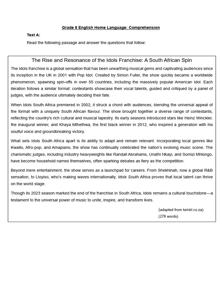 Comprehension Class Activity Grade 8 English Home Language | PDF ...