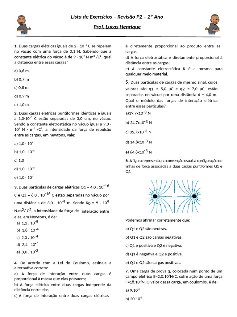 Lista de Exercícios - Revisão P2 - 1º Bimestre | PDF | Campo elétrico | Eletromagnetismo
