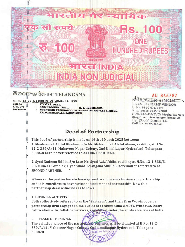 Partnership Deed for Wowindoors | PDF | Banks | Partnership