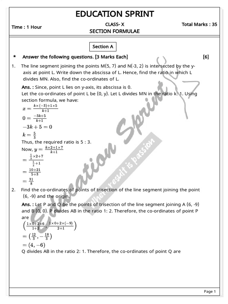 SECTION FORMULAE Mock Test - Solution | PDF | Classical Geometry ...