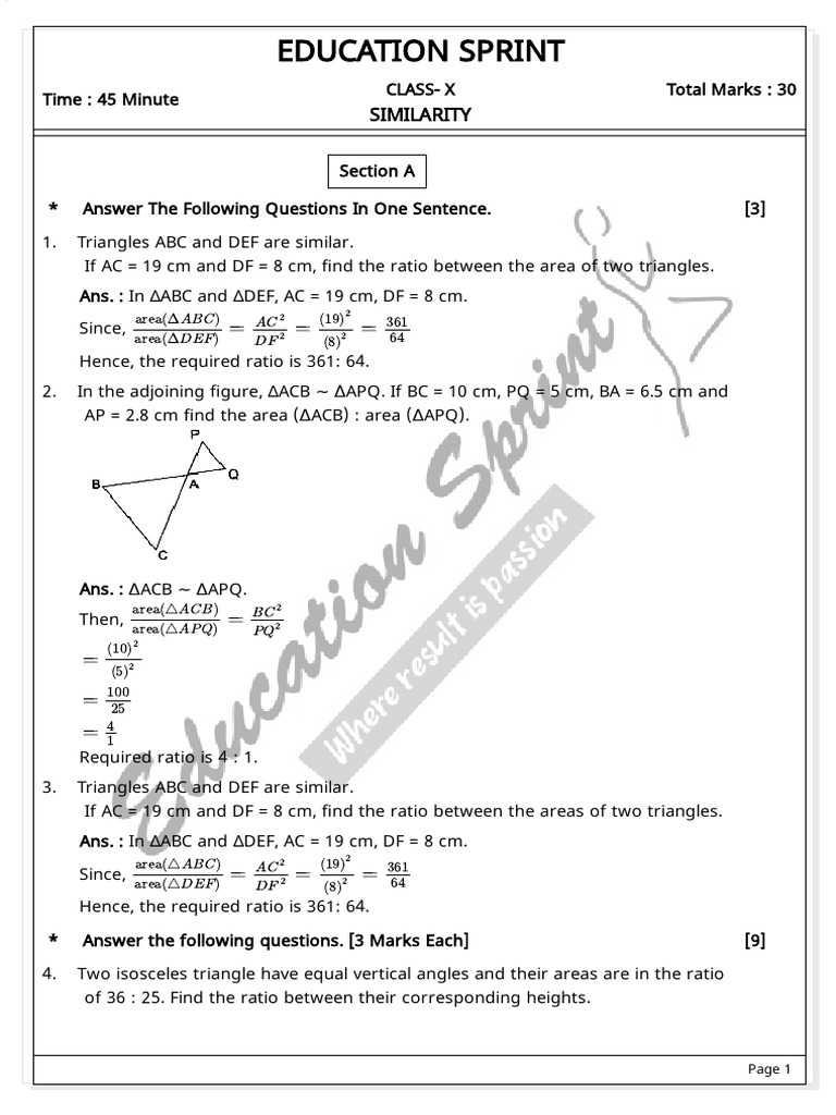 Class 10 Similarity Question Paper | PDF | Area | Length