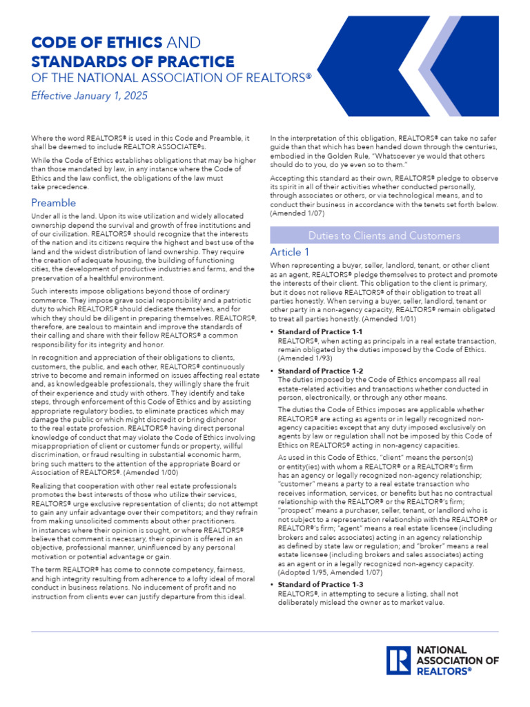 2025-NAR Code of Ethics | PDF | Real Estate Appraisal | National ...