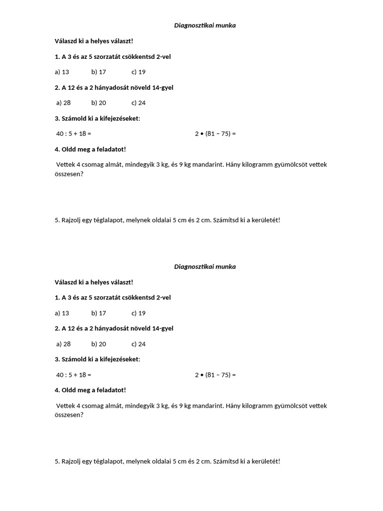 matek dolgozat 2 osztaly | PDF