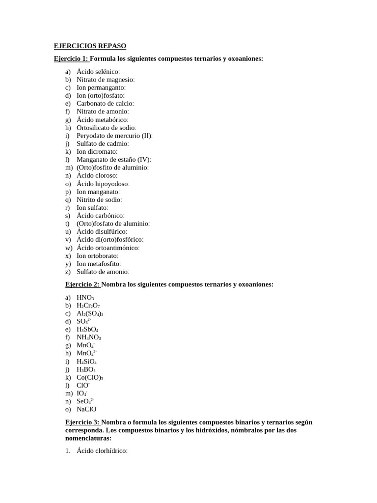 Ejercicios Repaso Inorg 1âº Bto | PDF | Ácido | Nitrato