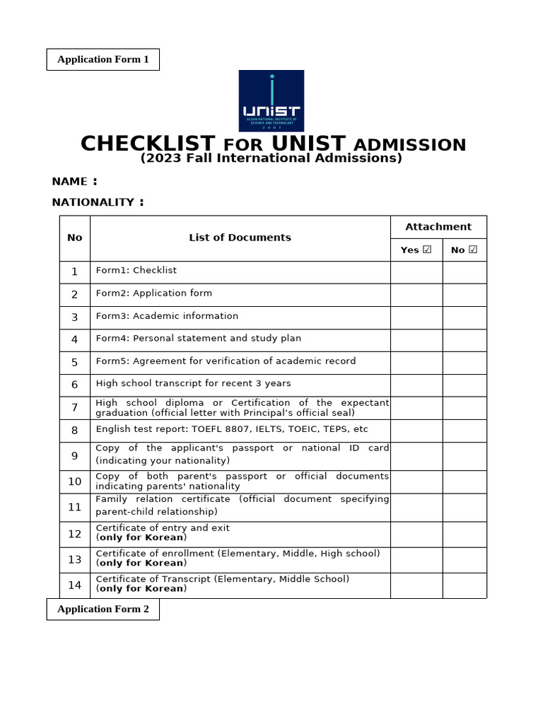 UNIST International Admissions Checklist | PDF