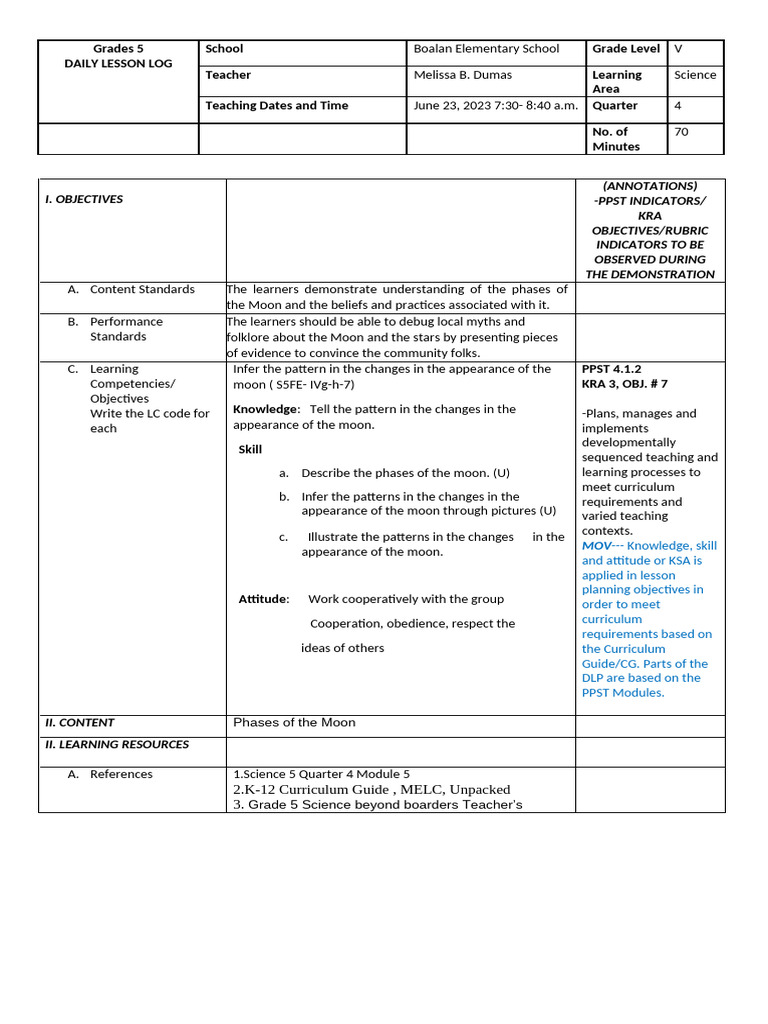 Grade 5 Science Lesson: Moon Phases | PDF | Moon | Teachers