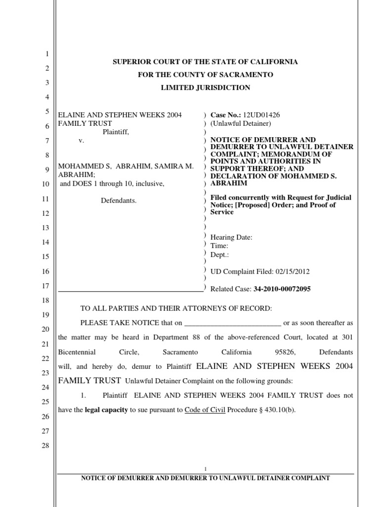 Demurrer to Unlawful Detainer Complaint | PDF | Demurrer | Pleading