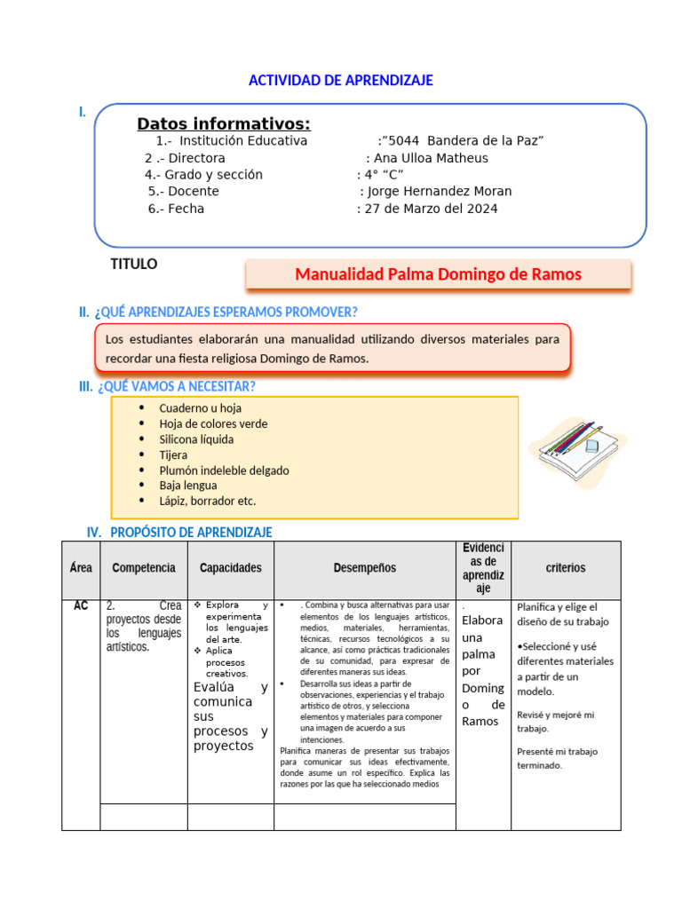 SEM 3 ARTE Manualidad Palma Domingo de Ramos | PDF | Aprendizaje | Modificación de comportamiento
