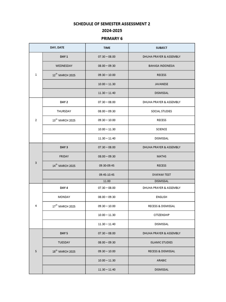 Schedule_Primary6_SA2_2024-2025 | PDF