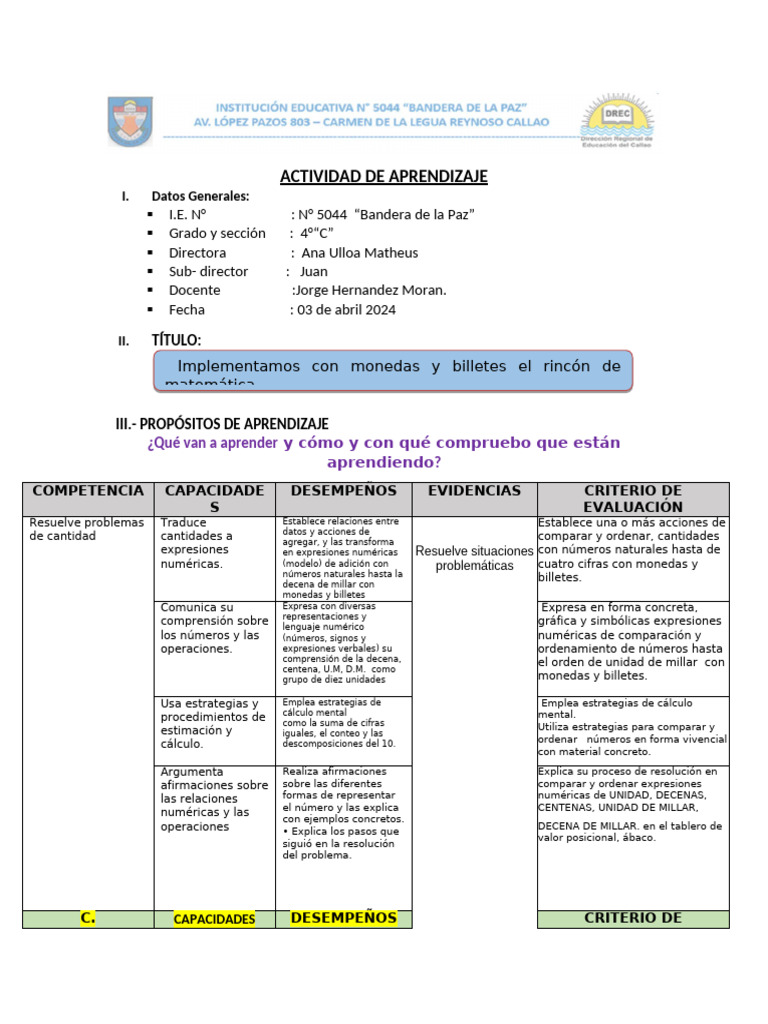 SEM 4 MAT Implementamos Con Monedas y Billetes El Rincon de Matemática ...