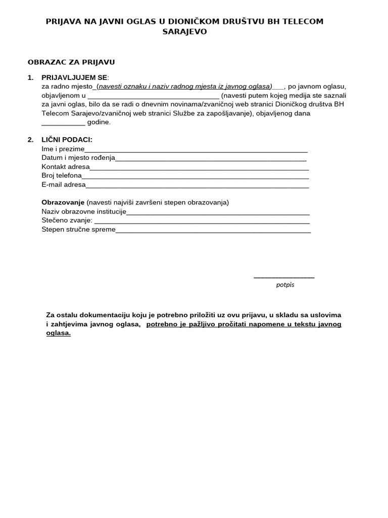 Obrazac Za Prijavu Na Javni Oglas 2024 | PDF