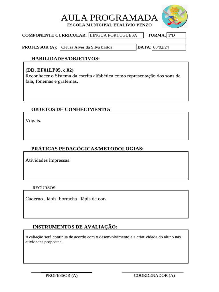 Formulário de Aula Programada 2024 LP 2 | PDF