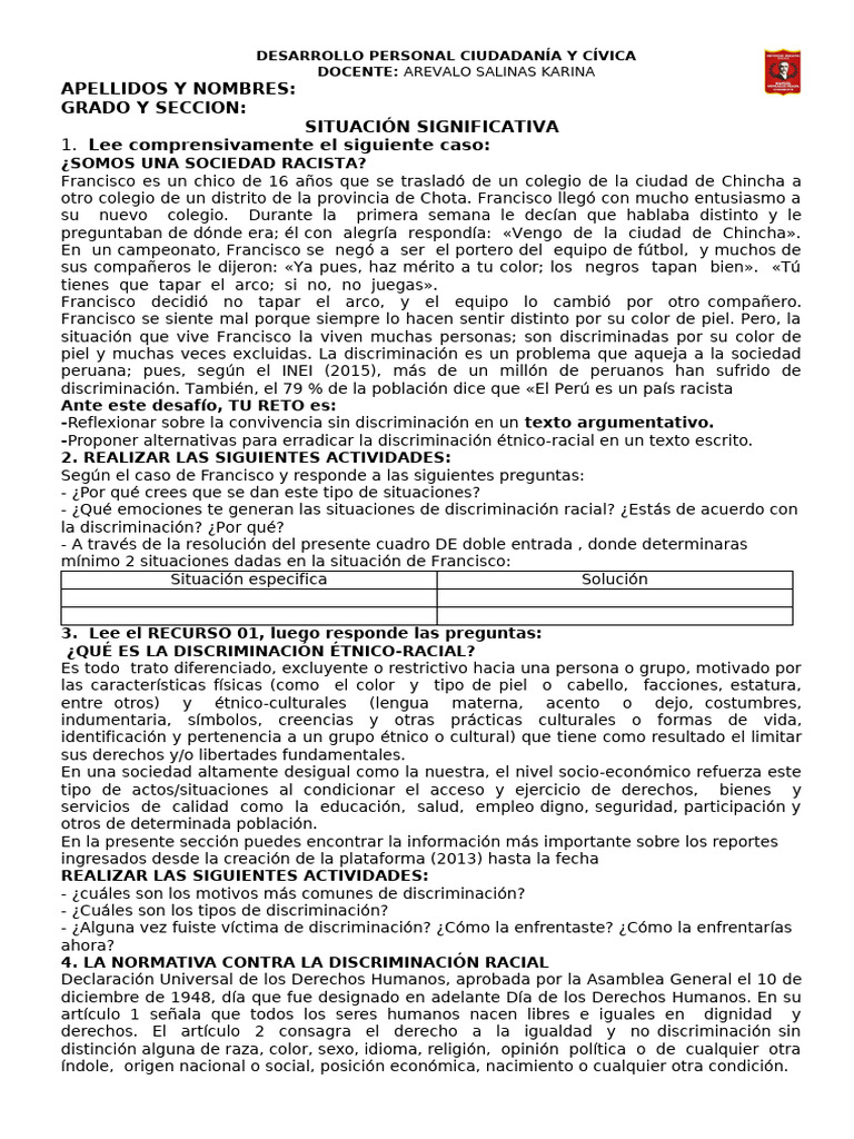 Evaluacion Diagnostica DPCC | PDF | Discriminación | Derechos humanos