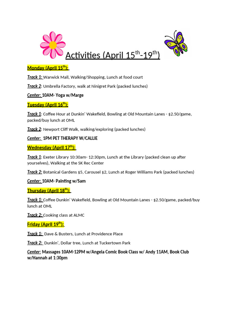 Activities Ending April 19th | PDF