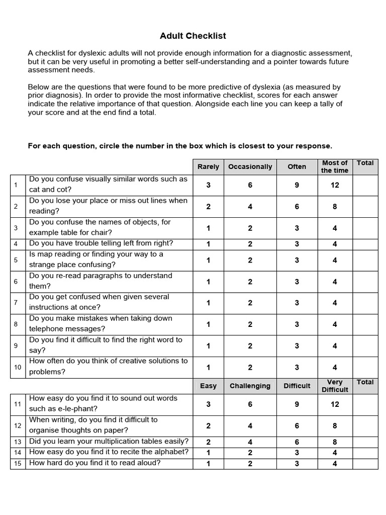 Adult Dyslexia Screening Pdf Dyslexia Cognition