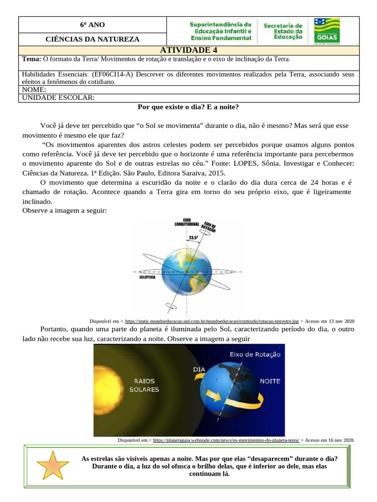 6o CIE Atividade 4 Movimentos de Rotacao e Translacao e o Eixo de Inclinacao Da Terra | PDF ...