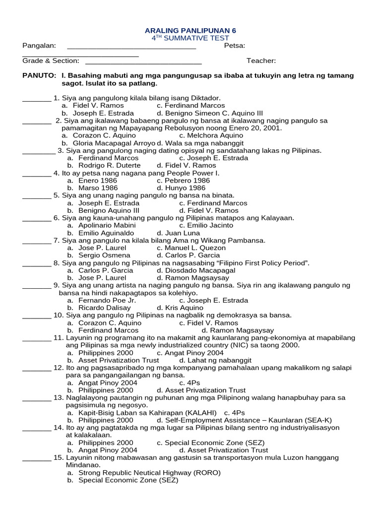 Ap6 Summative Test 4th Quarter Pdf