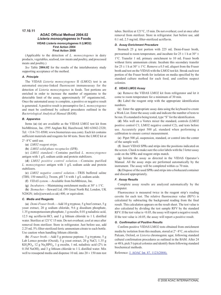 AOAC 2004.02 L. Mono LMO2 VIDAS | PDF | Assay