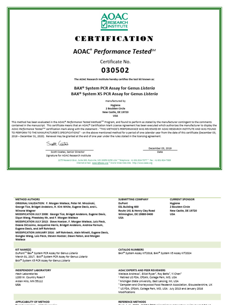 AOAC RI 030502 BAX System PCR Assay For Genus Listeria PCR BAX | PDF ...