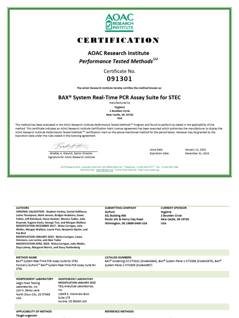 Aoac Ri 091301 Bax System Real-Time PCR Assay Suite For Stec RT-PCR Bax ...