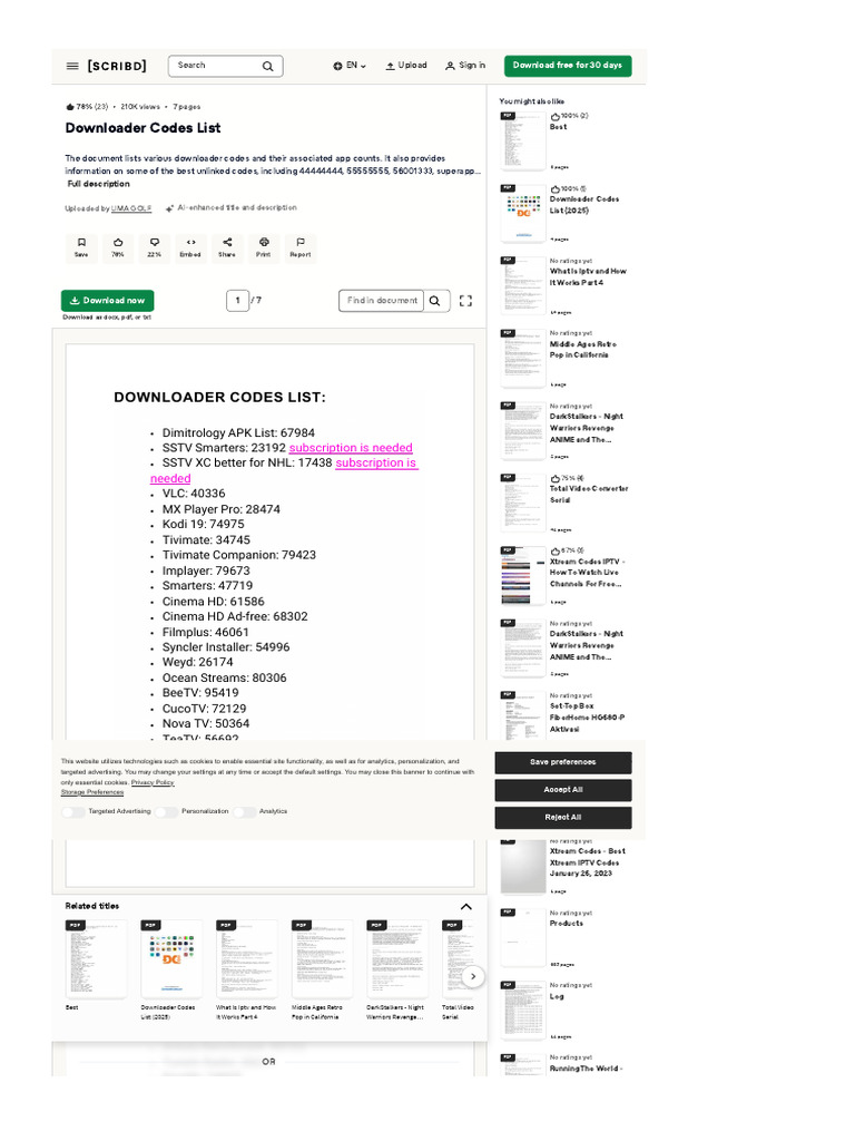 WWW Scribd Com Document 602427248 DOWNLOADER CODES LIST... | PDF | Scribd | Google Play