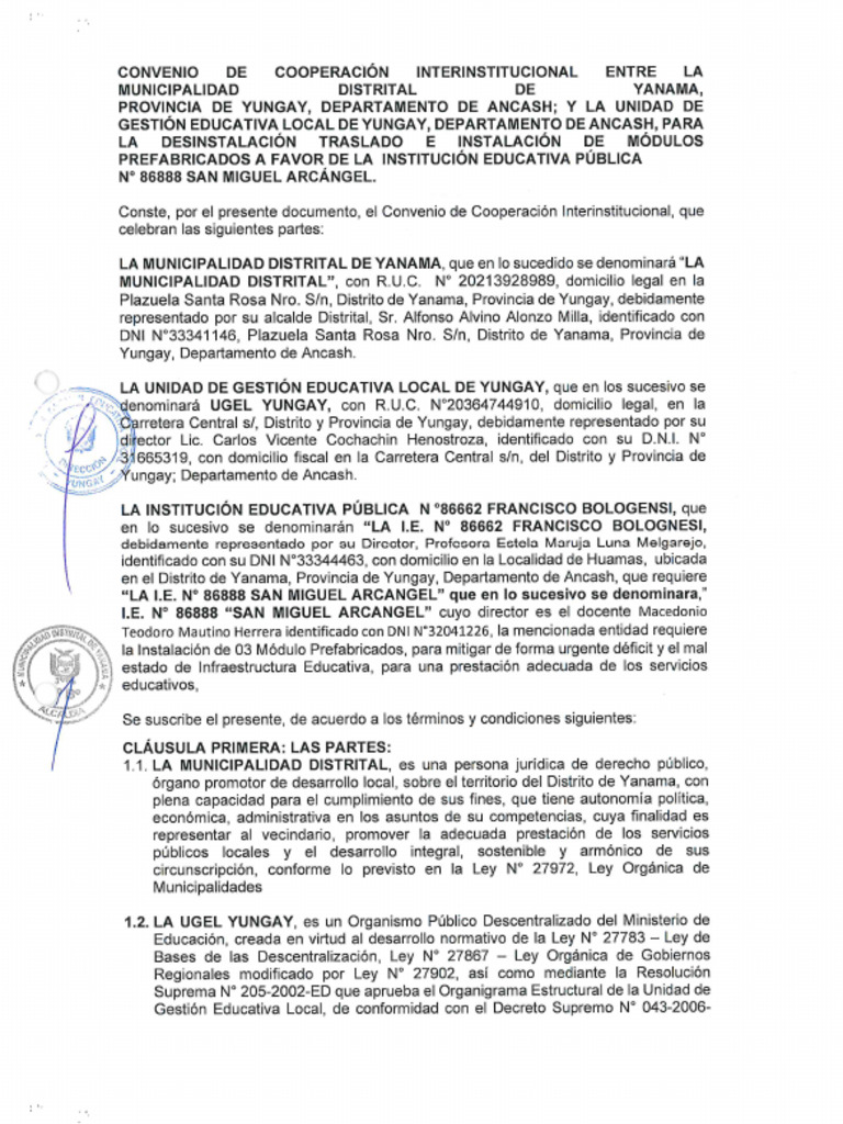 Convenio Ugel Yunga-Minicipalidad Yanama | PDF