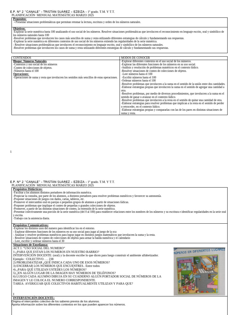 Planif Mate 1ro TM y TT Mar 2025 NVO MODELO | PDF | Enseñando | Aprendizaje