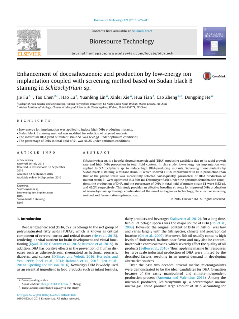 Bioresource Technology: Schizochytrium | PDF | Docosahexaenoic Acid