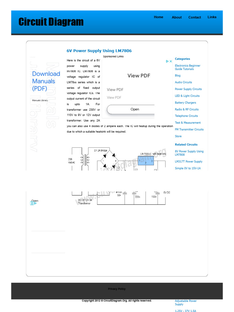 6V Power Supply Using LM7806 - Circuit Diagram | PDF | Power Supply | Electronics