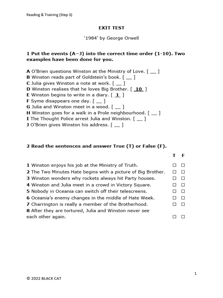 1984 Exit Test and Answers | PDF | Satirical Books | George Orwell