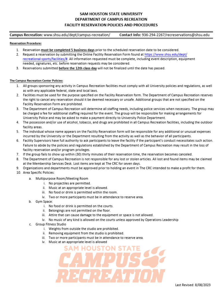 SHSU Rec Center Facility Reservation Guide | PDF
