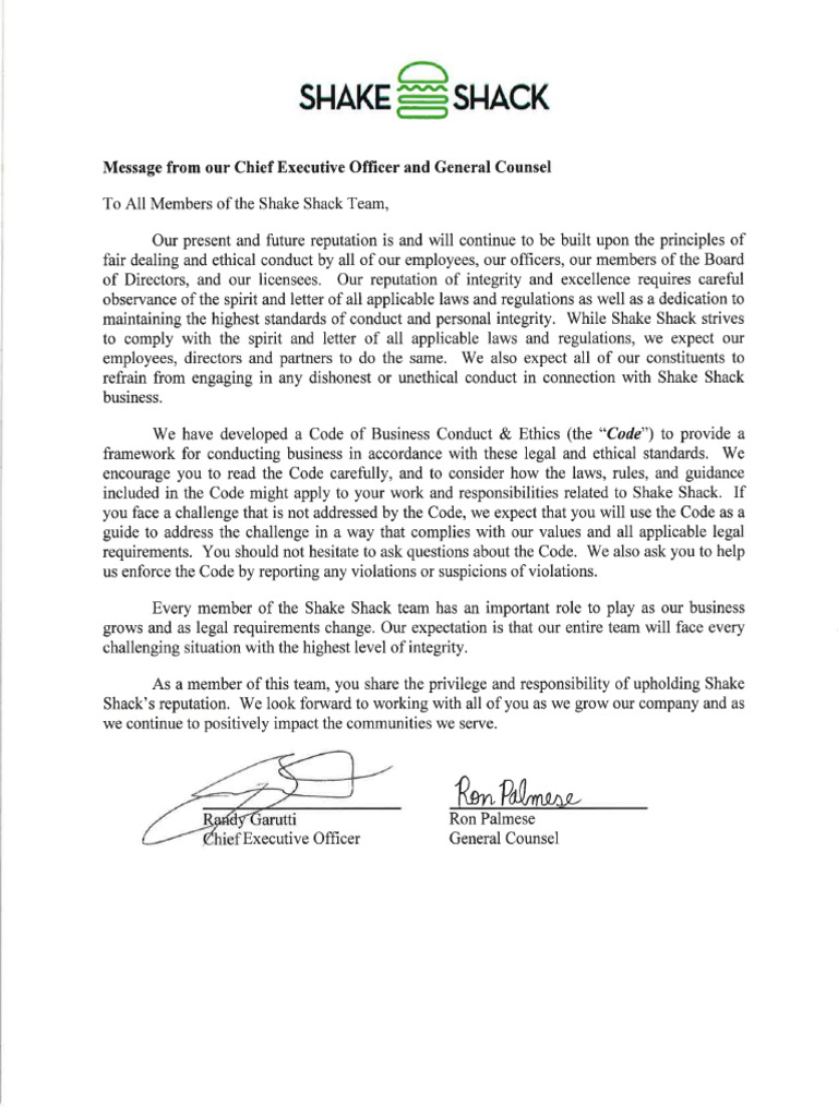 Updated Code of Business Conduct & Ethics (Shake Shack Inc) - 2020 | PDF | Conflict Of Interest ...