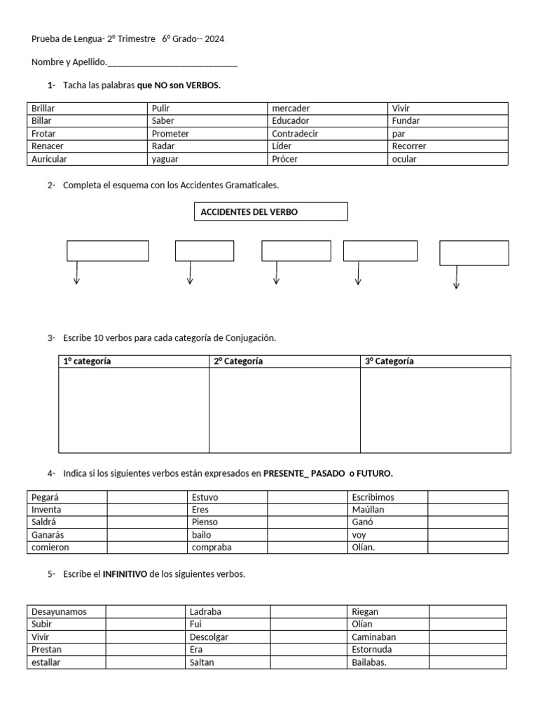 verbos- Prueba 6 grado | PDF | Verbo | Lingüística