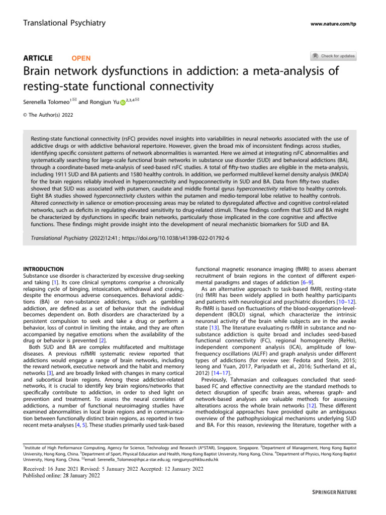 Brain Network Dysfunctions in Addiction - A MA of Resting-State ...