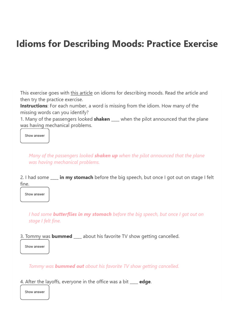 Idioms For Describing Moods - Practice Exercise - Get More Vocab - Key | PDF